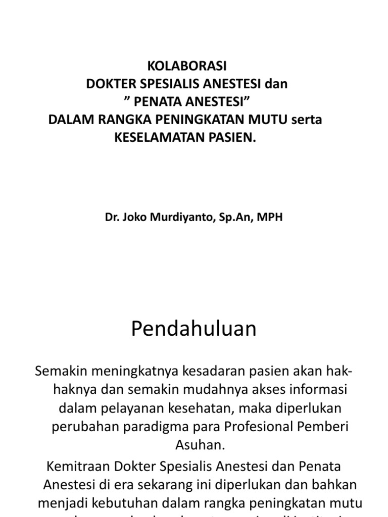 KOLABORASI DOKTER SPESIALIS ANESTESI & PA - DR JOKOMURDIYANTO SpAn | PDF