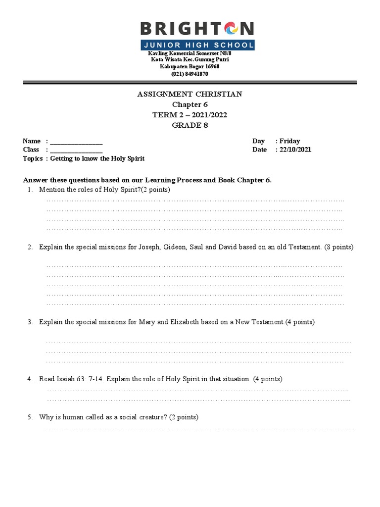 Assignment Christian TERM 2 - 2021/2022 Grade 8: Answer These Questions ...