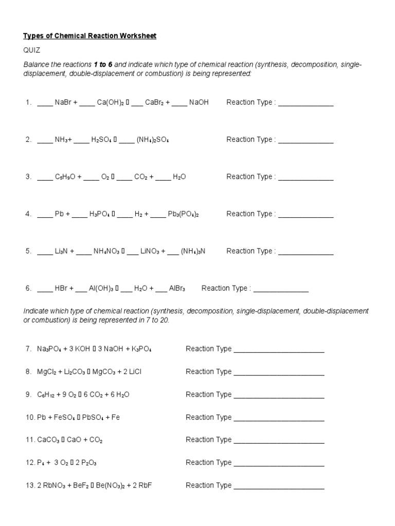 Chemical Reaction Types Worksheet | PDF | Chemical Compounds ...