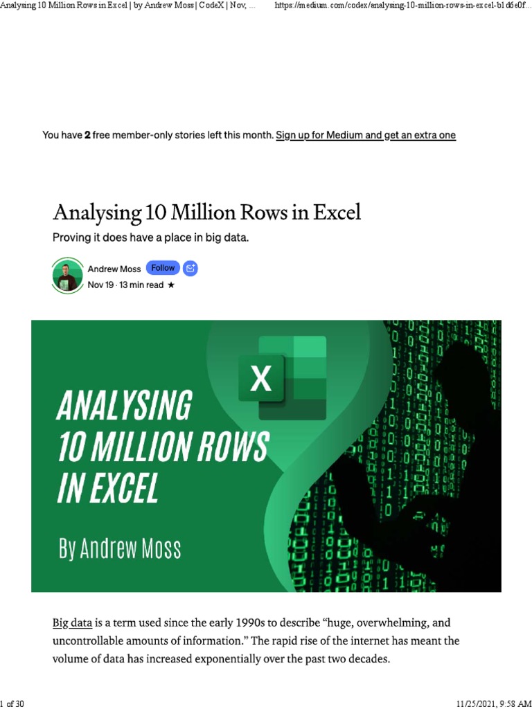 Analysing 10 Million Rows in Excel - by Andrew Moss - CodeX - Nov, 2021 - Medium | PDF