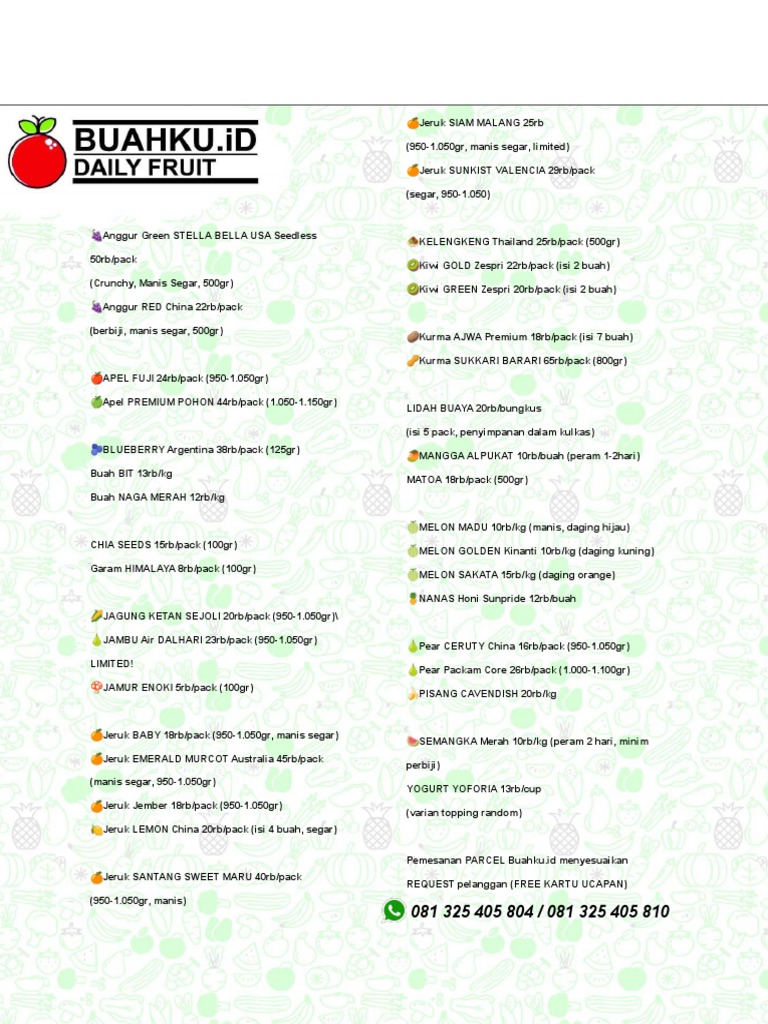 Fresh Fruit and Snack Prices List | PDF | Crops Originating From Europe ...