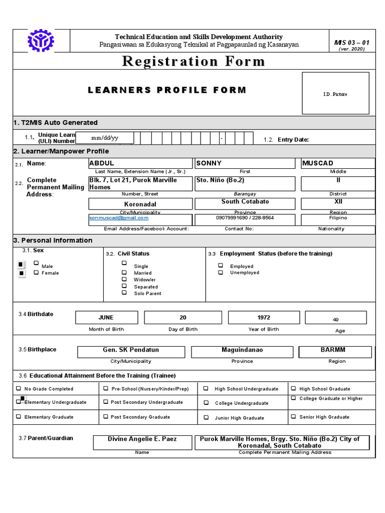 TESDA-DPA Form 1 Registration Form (MIS 03-01) | PDF