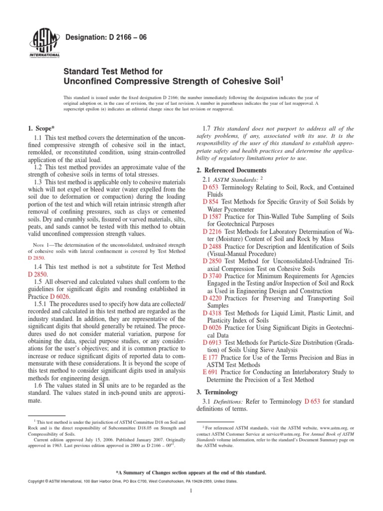 Unconfined Compressive Strength of Cohesive Soil: Standard Test Method ...
