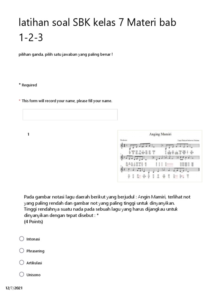 Latihan Soal PAS SBK Kelas 7 Materi Bab 1-2-3 | PDF