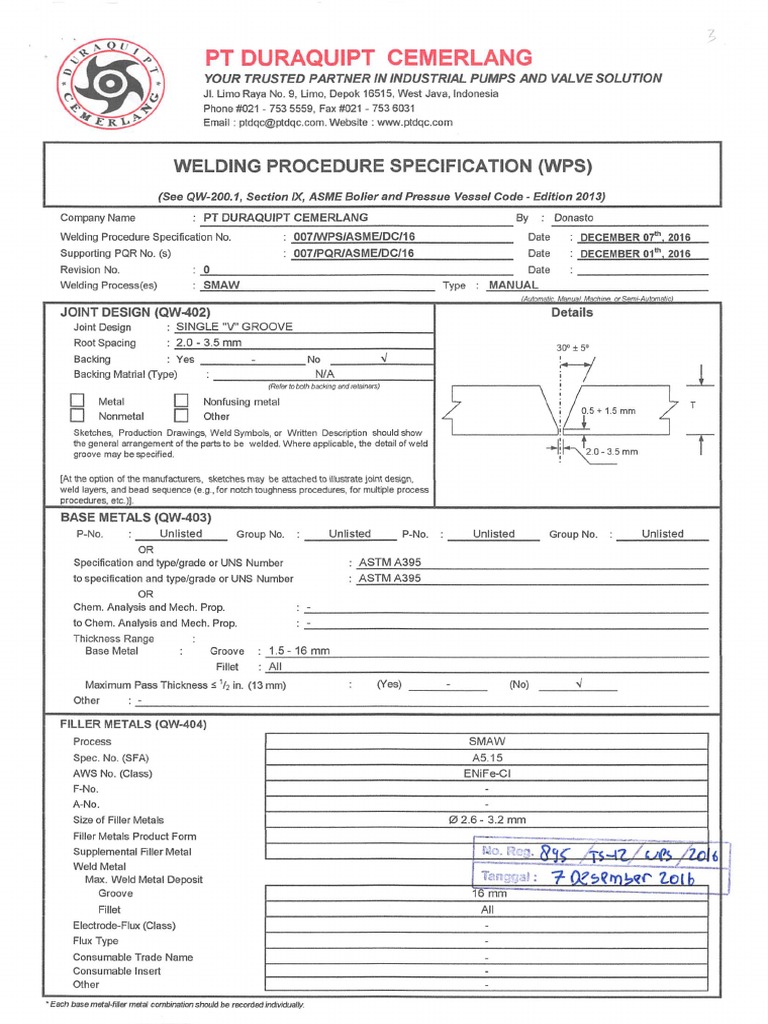 007 WPS Asme DC 16 | PDF