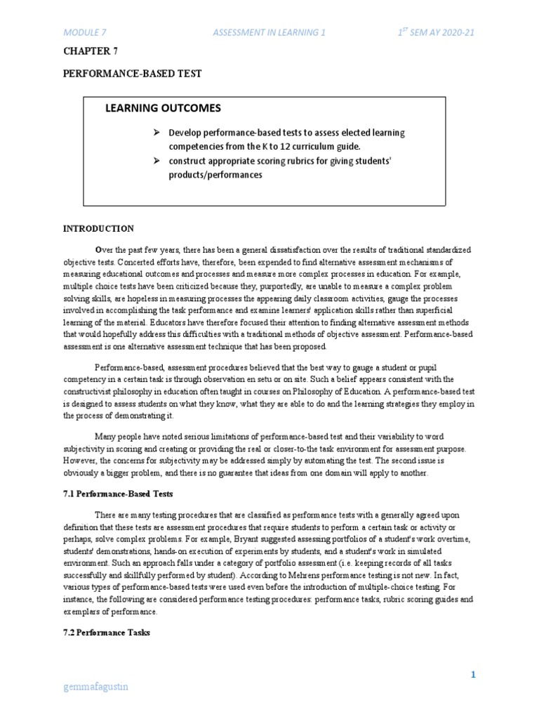 Learning Outcomes: Performance-Based Test | PDF | Rubric (Academic ...