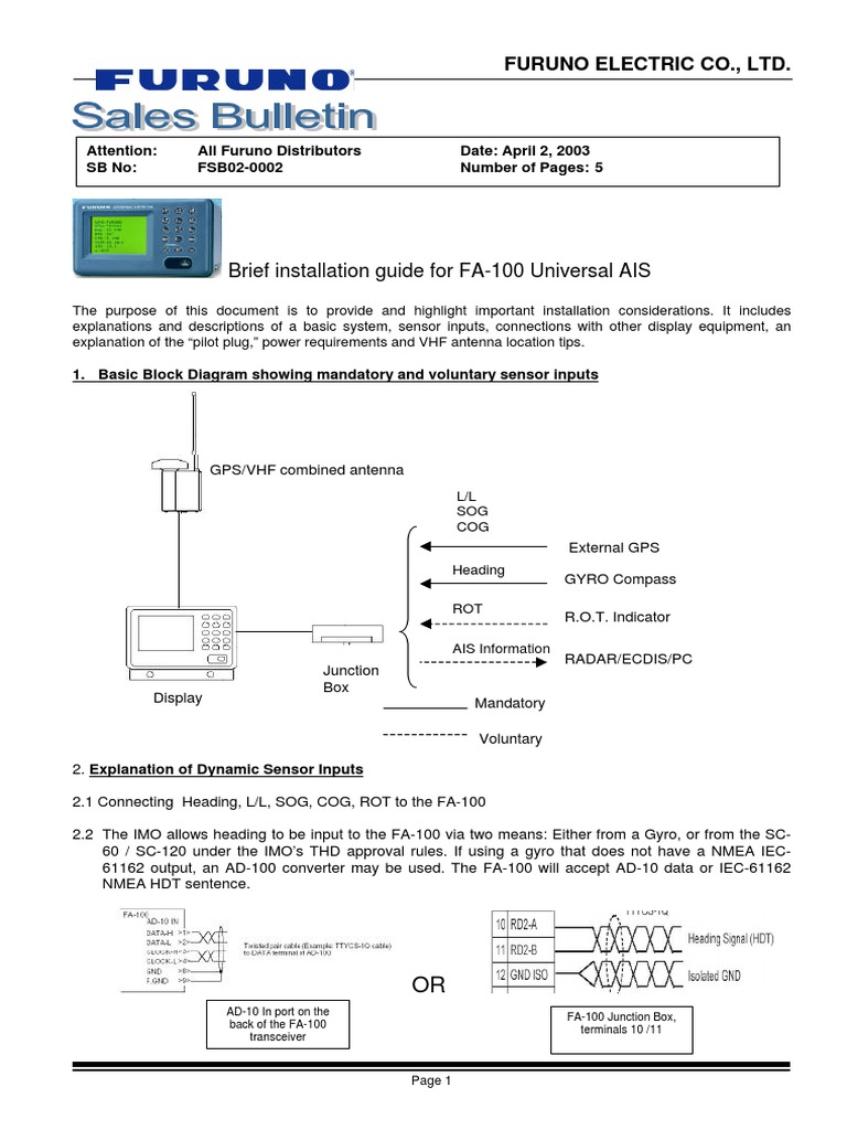 Furuno FA-100 Brief Installation Guide | PDF | Electrical Connector ...