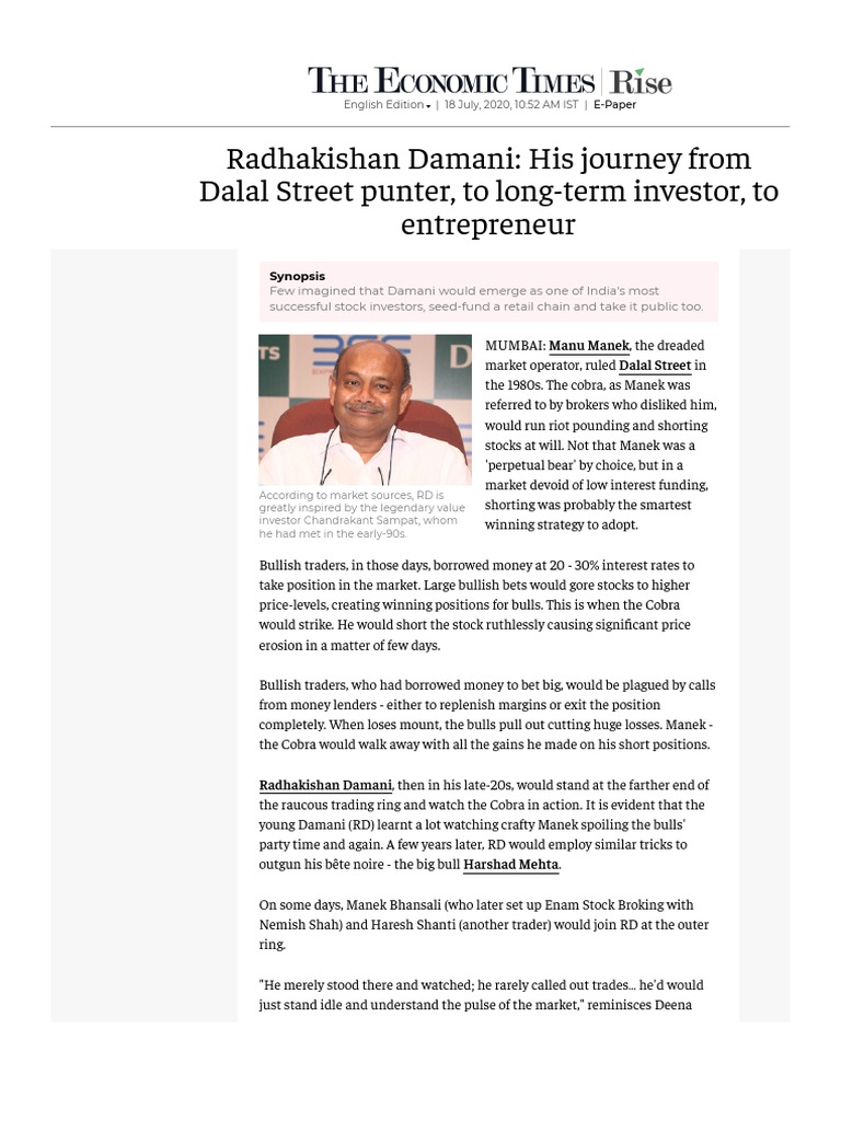 Radhakishan Damani His Journey From Dalal Street Punter, To Long | PDF ...