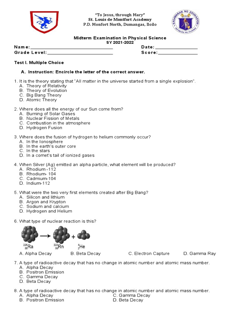 Physical Science First Quarter Exam Sy 2021-2022 SET B | PDF ...