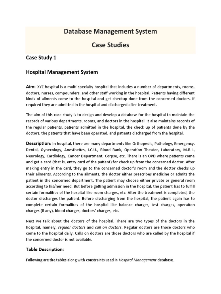 Database - Management - System - Case - Studies Hospital | PDF | Hospital | Patient