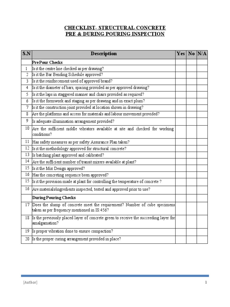 Checklist-Structural Concrete Pre & During Pouring Inspection | PDF