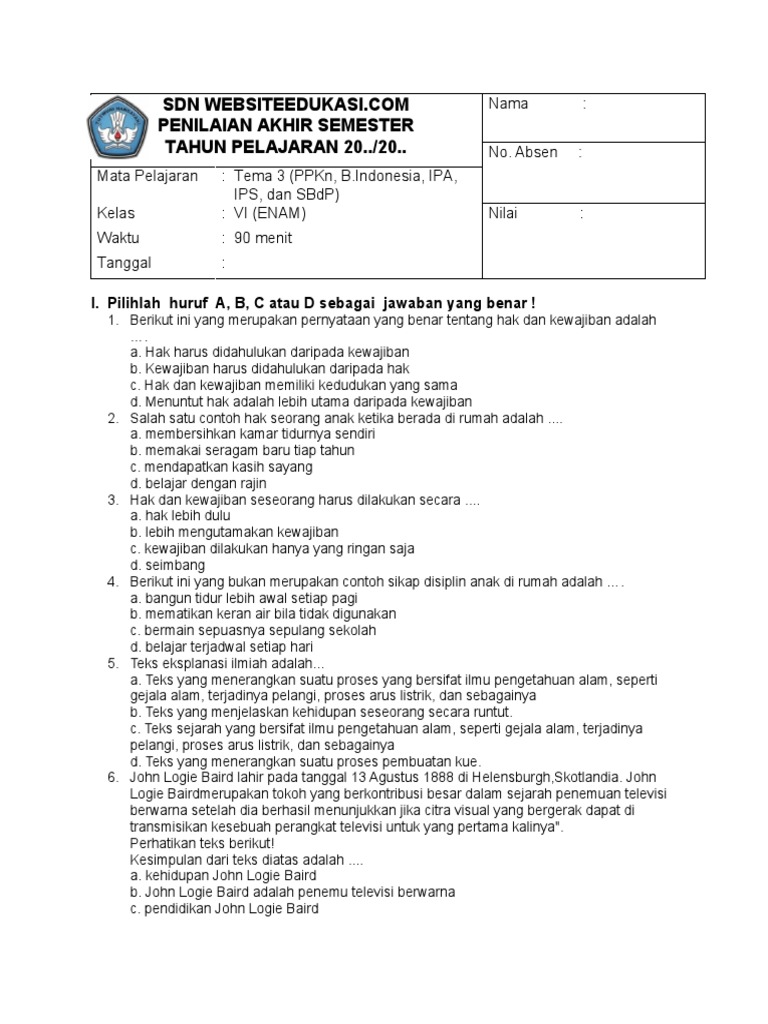Soal Pas Kelas 6 Tema 3 | PDF