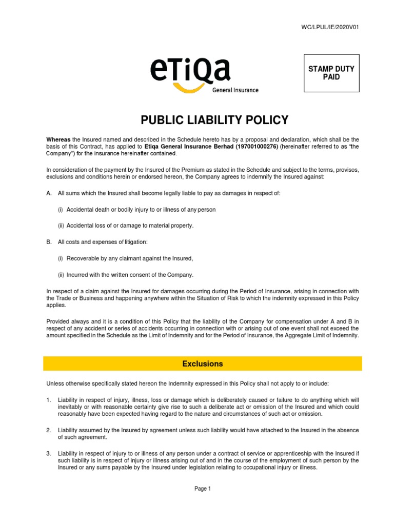 Policy Wordings PUBLIC LIABILITY Insurance | PDF | Indemnity ...
