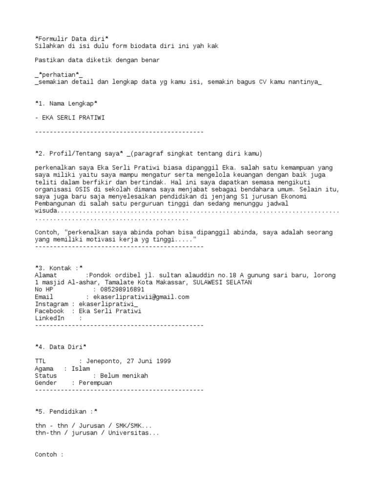 Biodata Eka Serli Pratiwi untuk CV | PDF