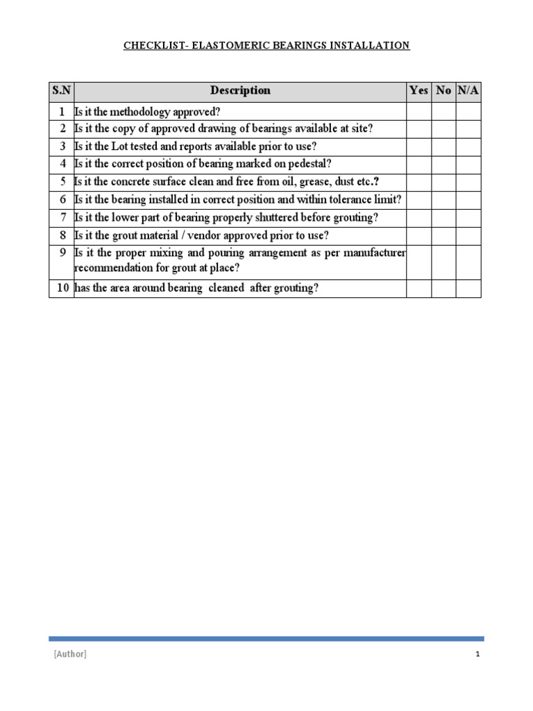 Elastomeric Bearings Installation Checklist | PDF | Technology ...