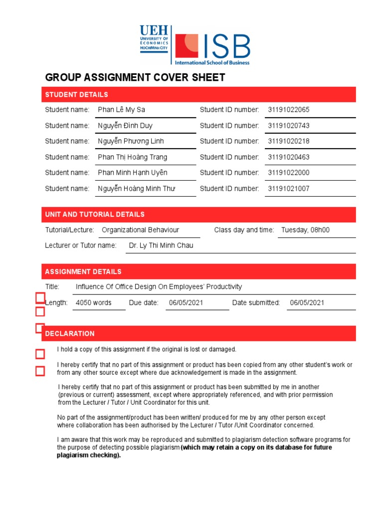 Group Assignment Cover Sheet: Student Details | PDF | Employment | Ventilation (Architecture)