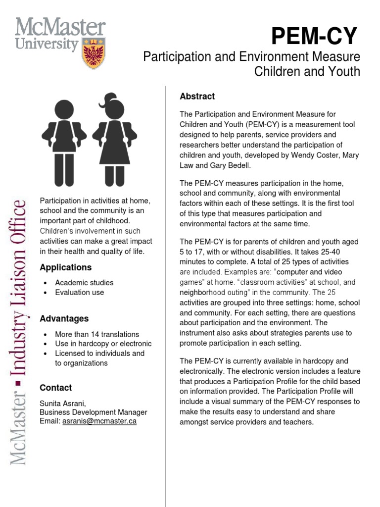 Pem-Cy: Participation and Environment Measure Children and Youth | PDF ...