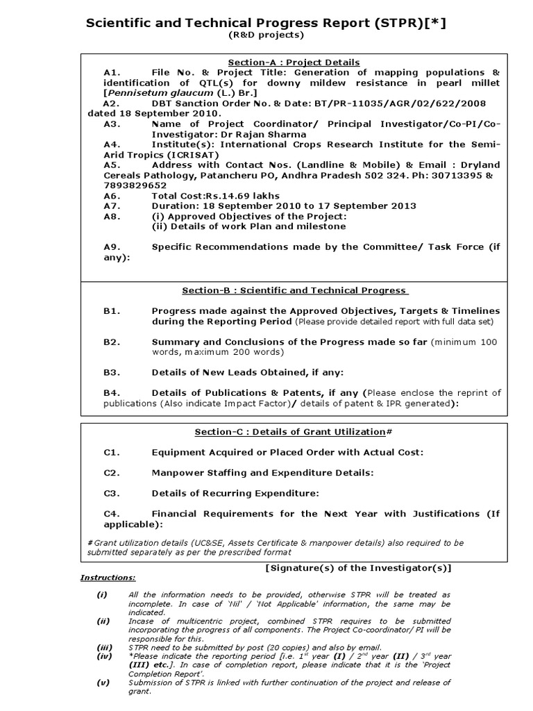 Scientific and Technical Progress Report (STPR) ( ) : Words, Maximum 200 Words) | PDF