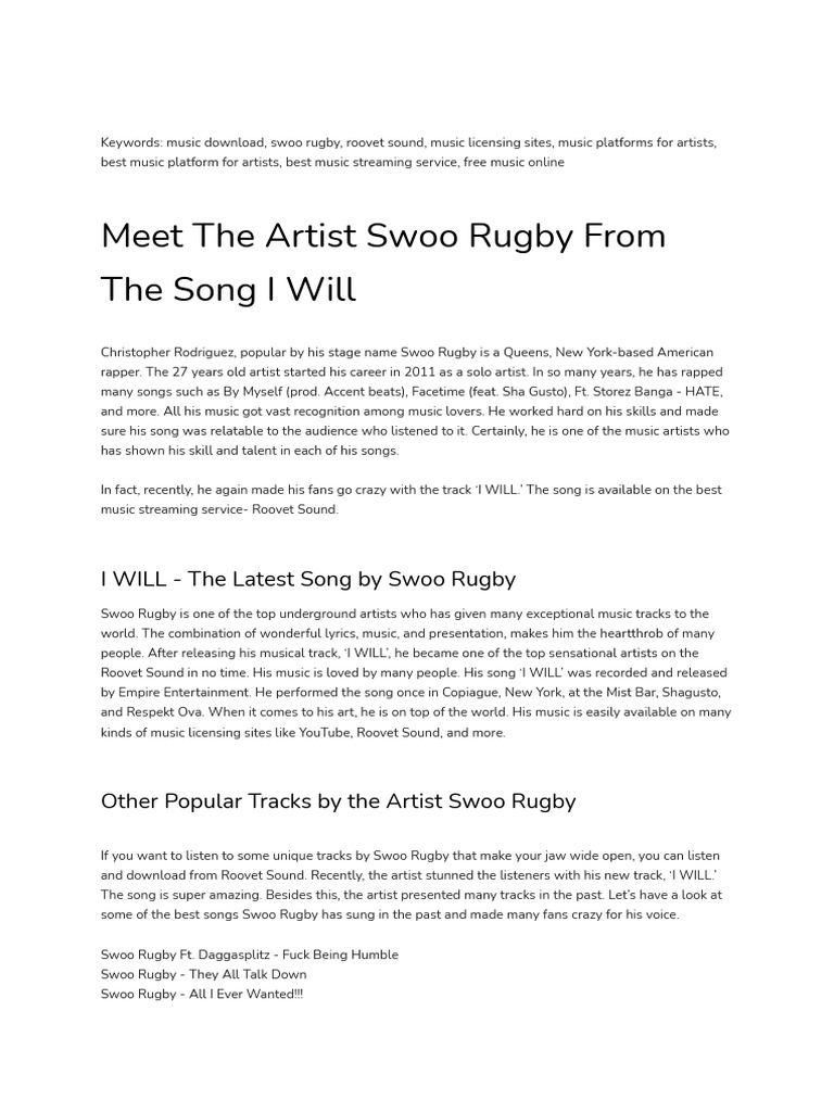 Swoo Rugby The Artist Behind The Roovet Sound Hit "I Will" | PDF ...