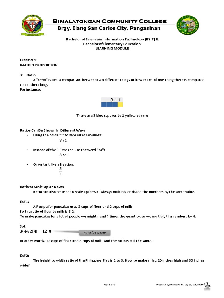 Lesson 4.0 Ratio Proportion | PDF | Ratio | Mathematics