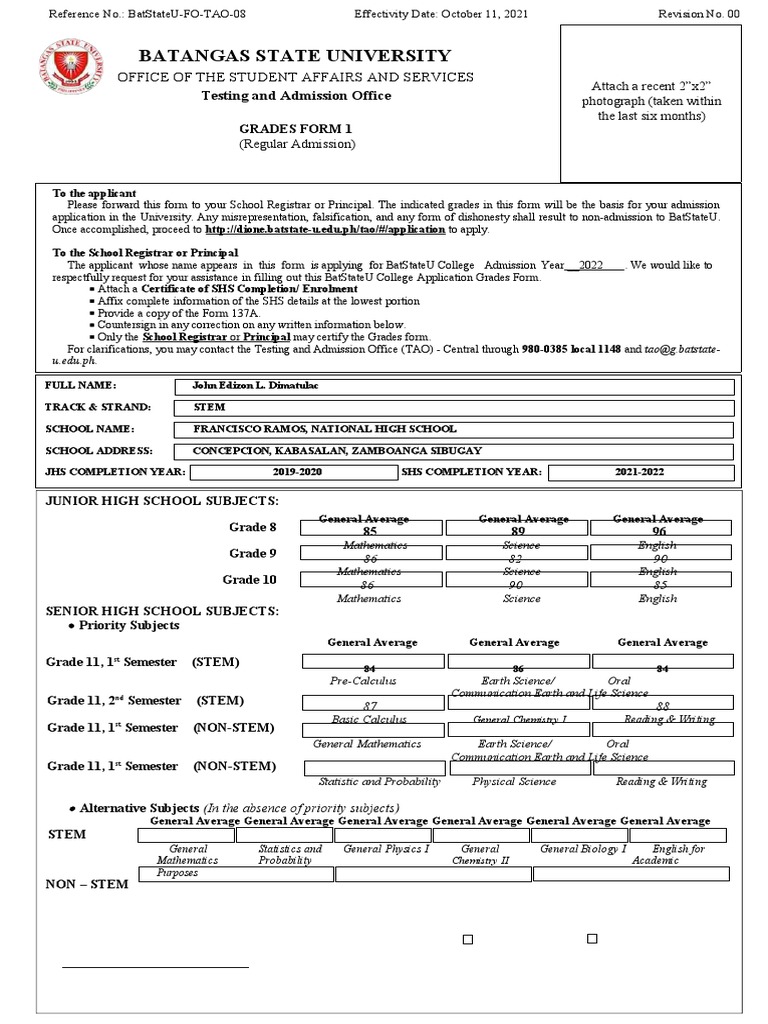 BatStateU FO TAO 08 Grades Form 1 Regular Admission | PDF | Science ...