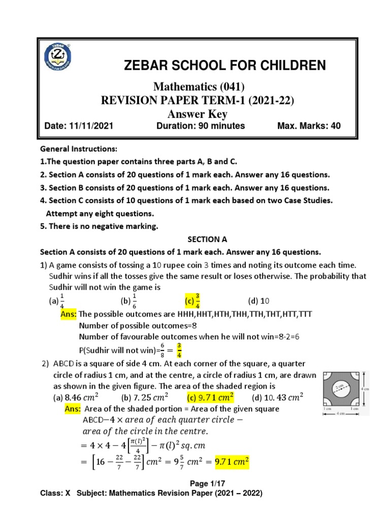 Maths Practice Paper - Answer Key (Stepwise Solutions) - 2021 - 22 PDF ...