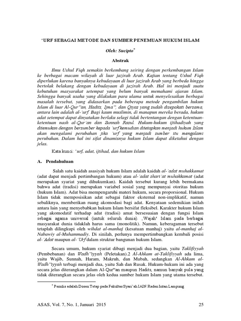 Urf Sebagai Metode Dan Sumber Penemuan Hukum Islam | PDF