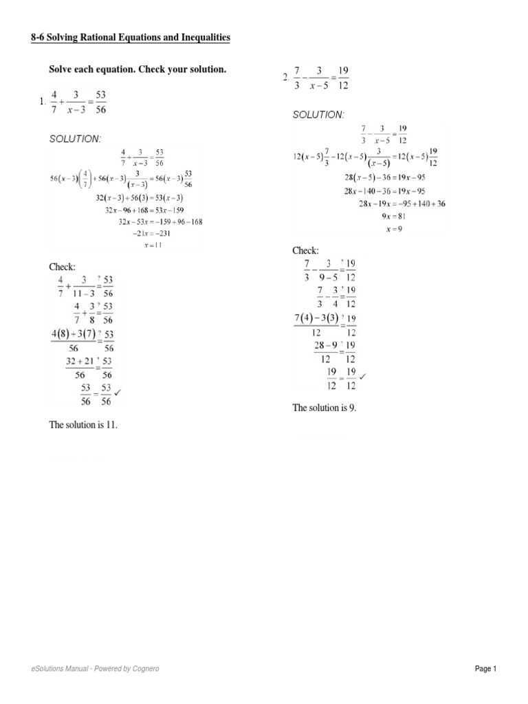 8-6 Solving Rational Equations and Inequalities | PDF | Equations ...