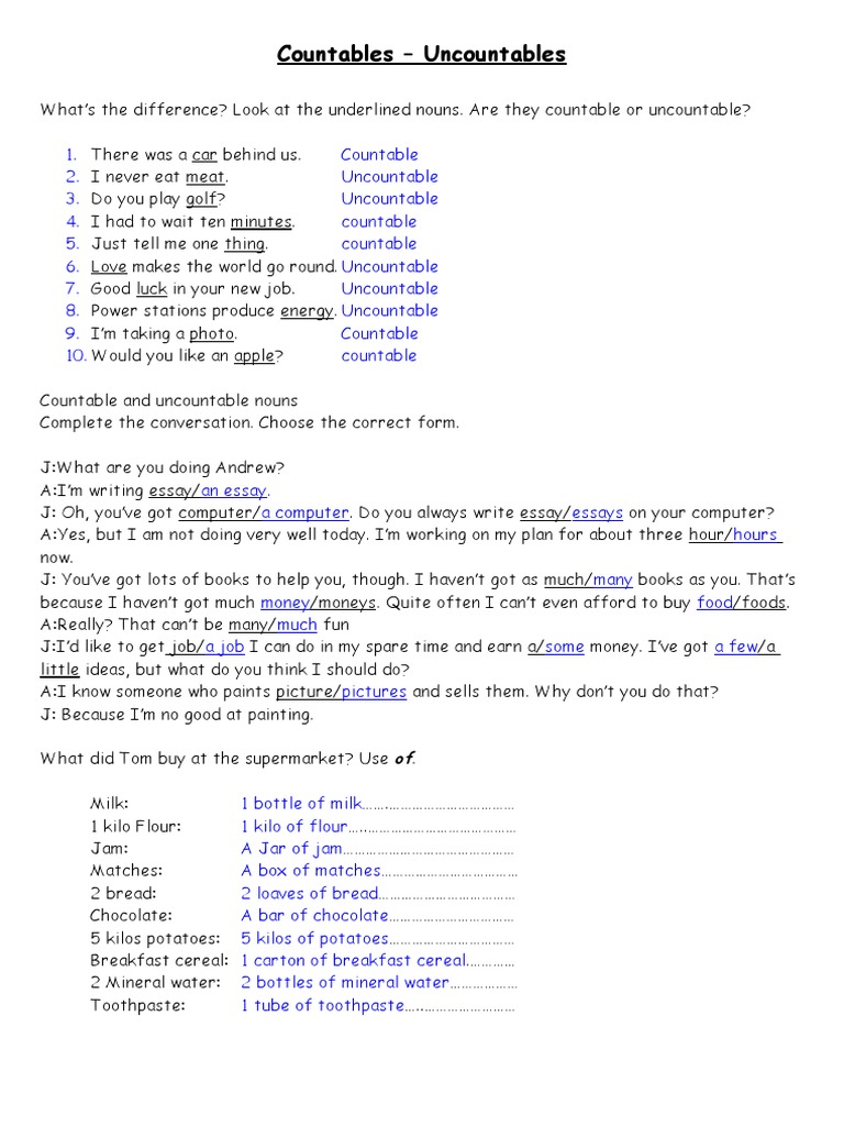 English Grammar: Countables & Uncountables | PDF | Food And Drink | Foods