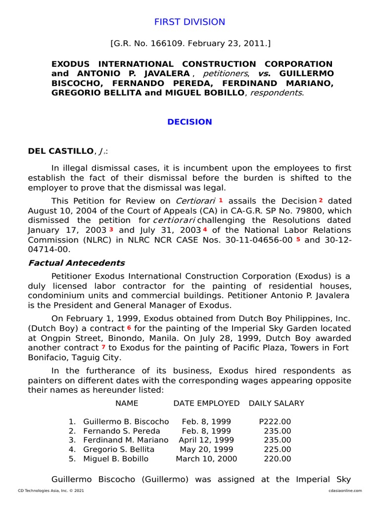 Exodus International Construction v. Biscocho | PDF | Employment | Lawsuit