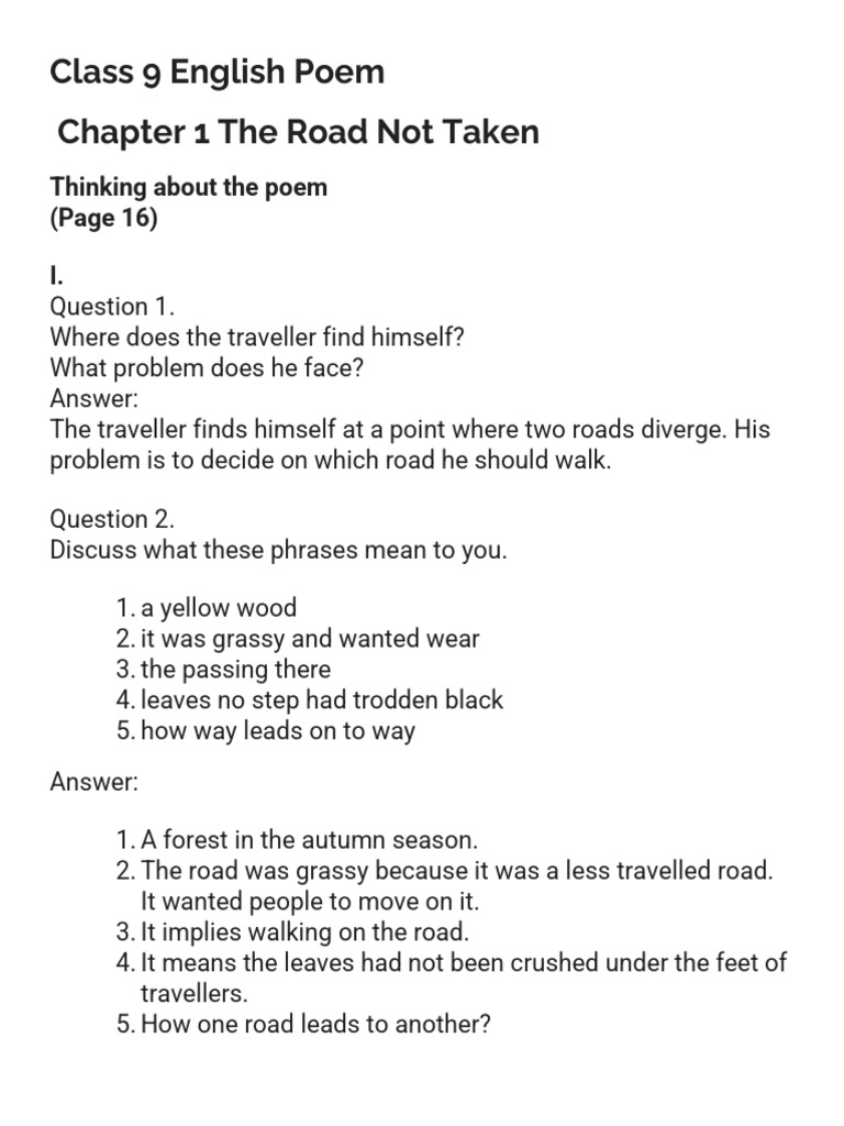Class 9 English Poem Chapter 1 The Road Not Taken | PDF | Trees | Poetry