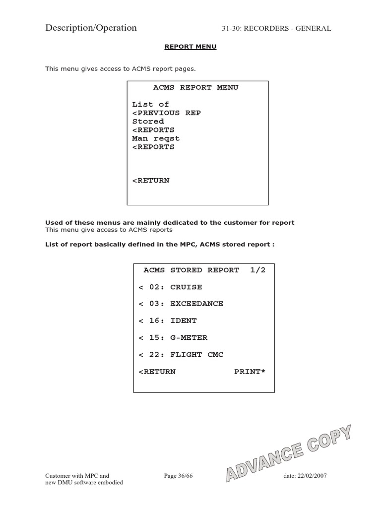Description/Operation: Acms Report Menu List of Previous Rep Stored ...