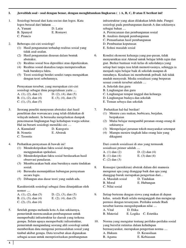 Soal Pilihan Ganda Sosiologi: Ciri, Fungsi, dan Norma Sosial | PDF | Ilmu Sosial | Kesehatan ...