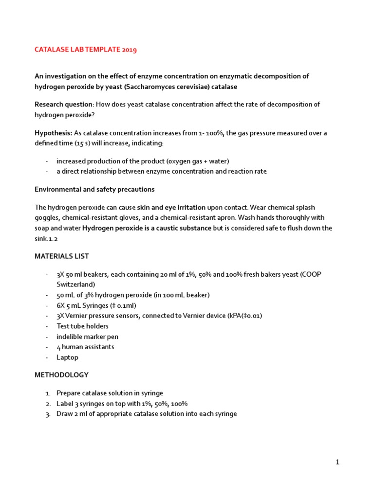 Catalase Lab Template | PDF | Catalase | Hydrogen Peroxide
