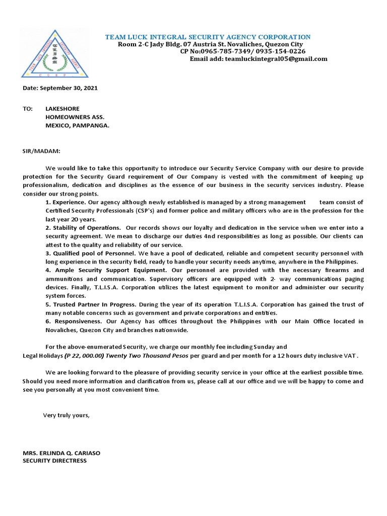 Company Profile and Proposal for Security Services: Team Luck Integral ...