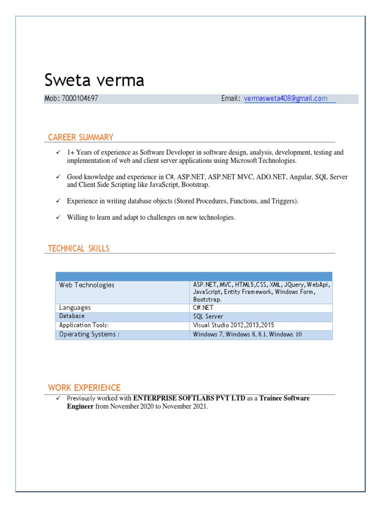 Sweta Verma: Career Summary | PDF | Microsoft Sql Server | J Query