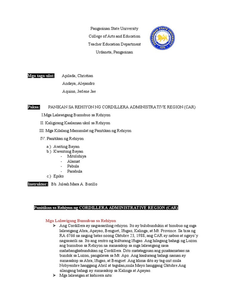 Panitikan NG Rehiyon NG Cordillera Administrative Region (Car ...