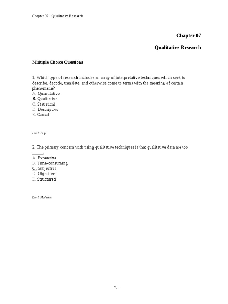 Multiple Choice Questions: Qualitative Research | PDF | Sampling ...