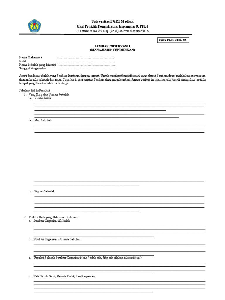 (Form PLP1.UPPL-02) LEMBAR OBSERVASI 1 (MANAJEMEN PENDIDIKAN) | PDF