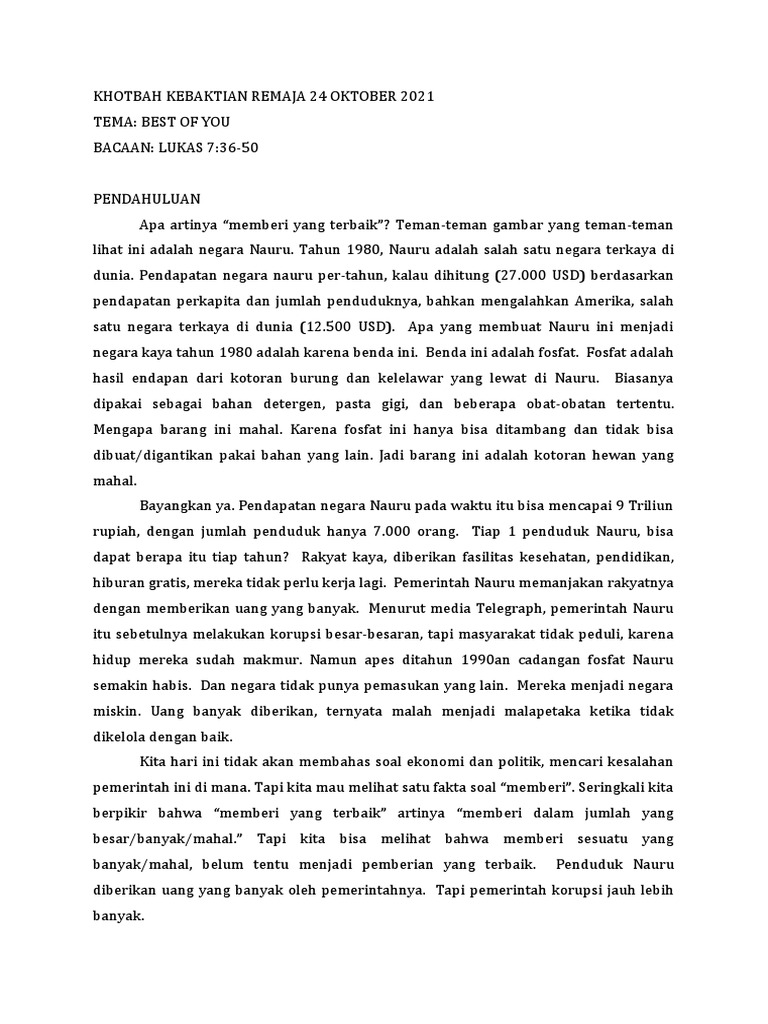 Khotbah Kebaktian Remaja 24 Oktober 2021 | PDF