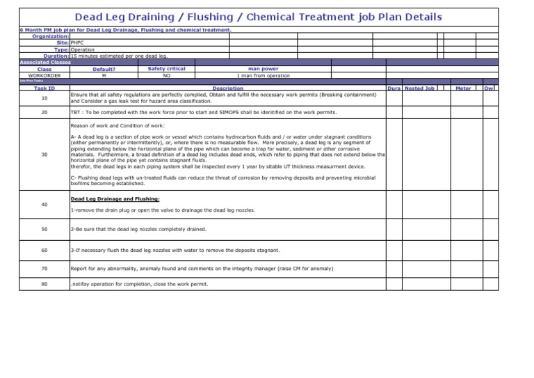 Dead Leg Draining / Flushing / Chemical Treatment Job Plan Details ...