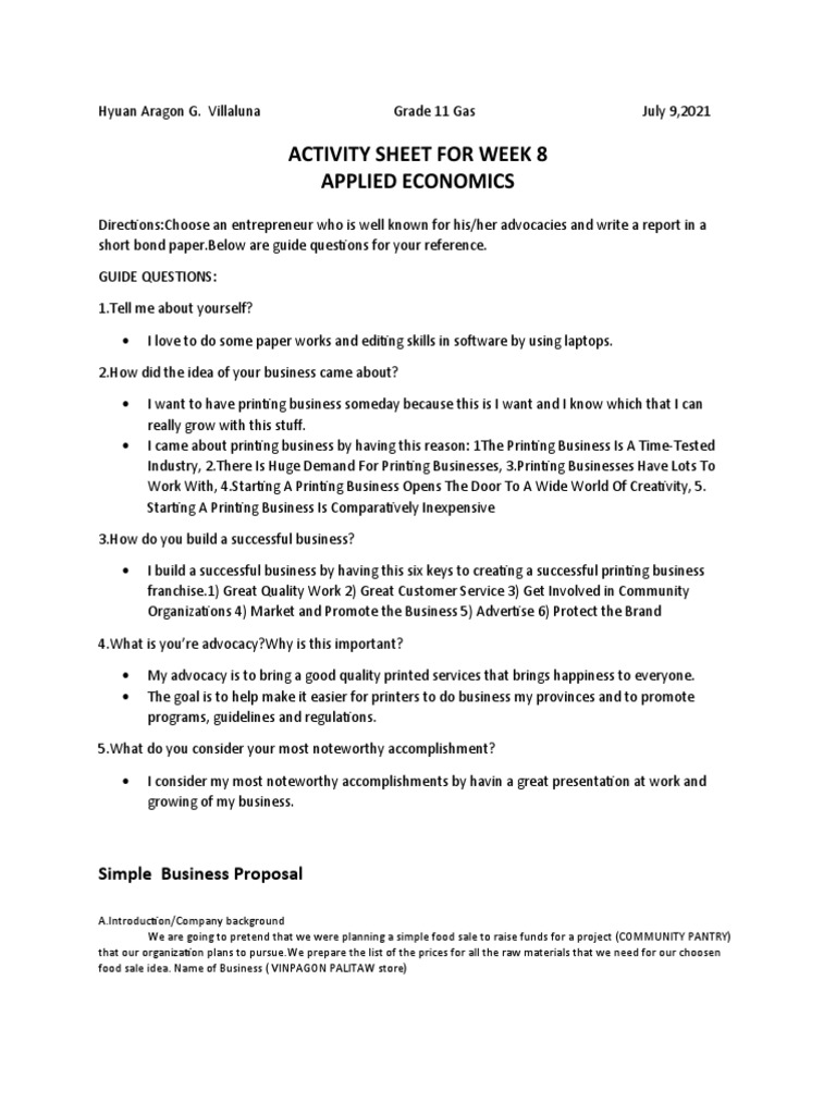 Applied Economics Activity Sheet | PDF | Advertising | Marketing