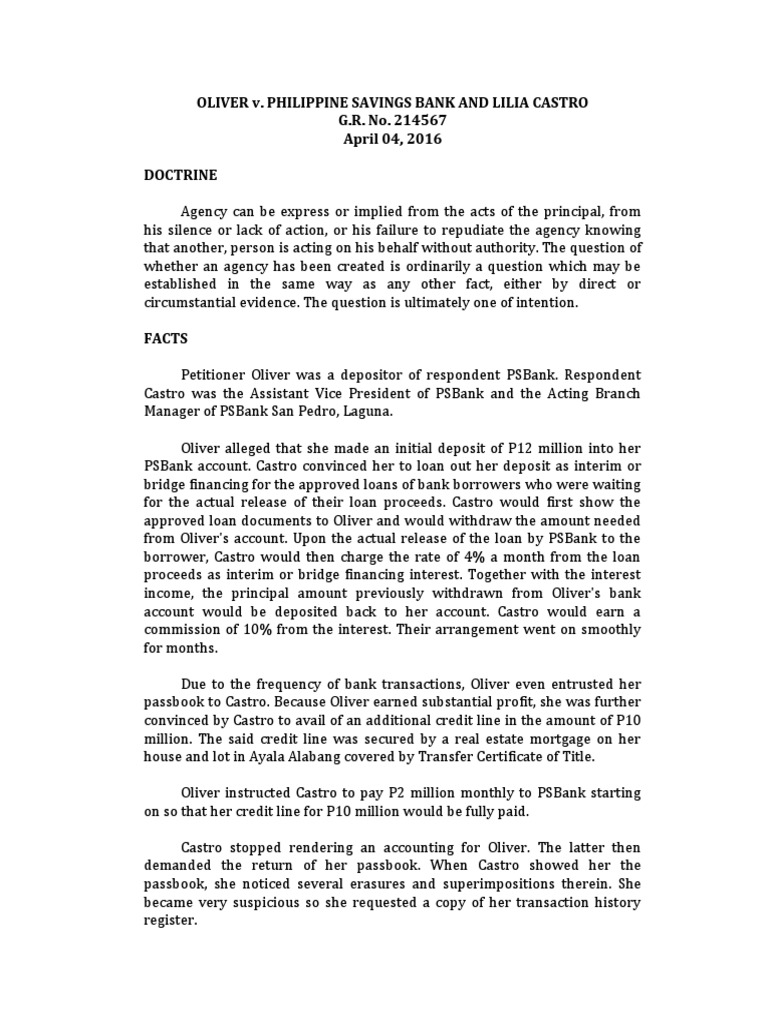 Oliver V Philippine Savings Bank | PDF | Loans | Banks