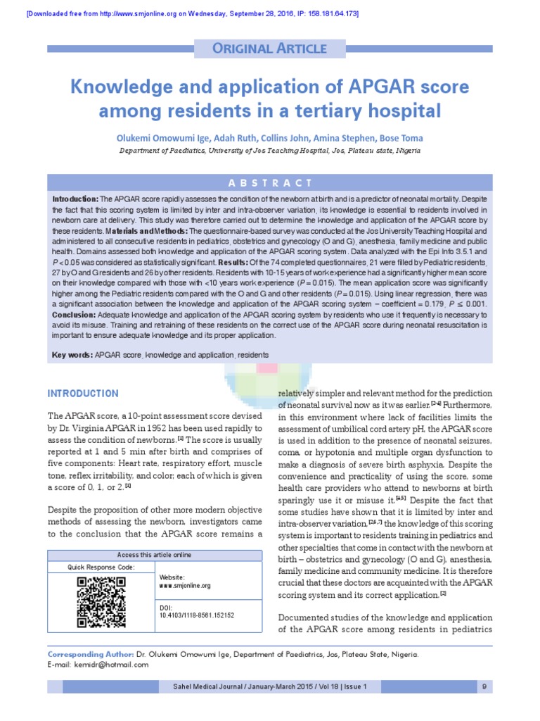 Knowledge and Application of Apgar Score | PDF | Residency (Medicine) | Ios