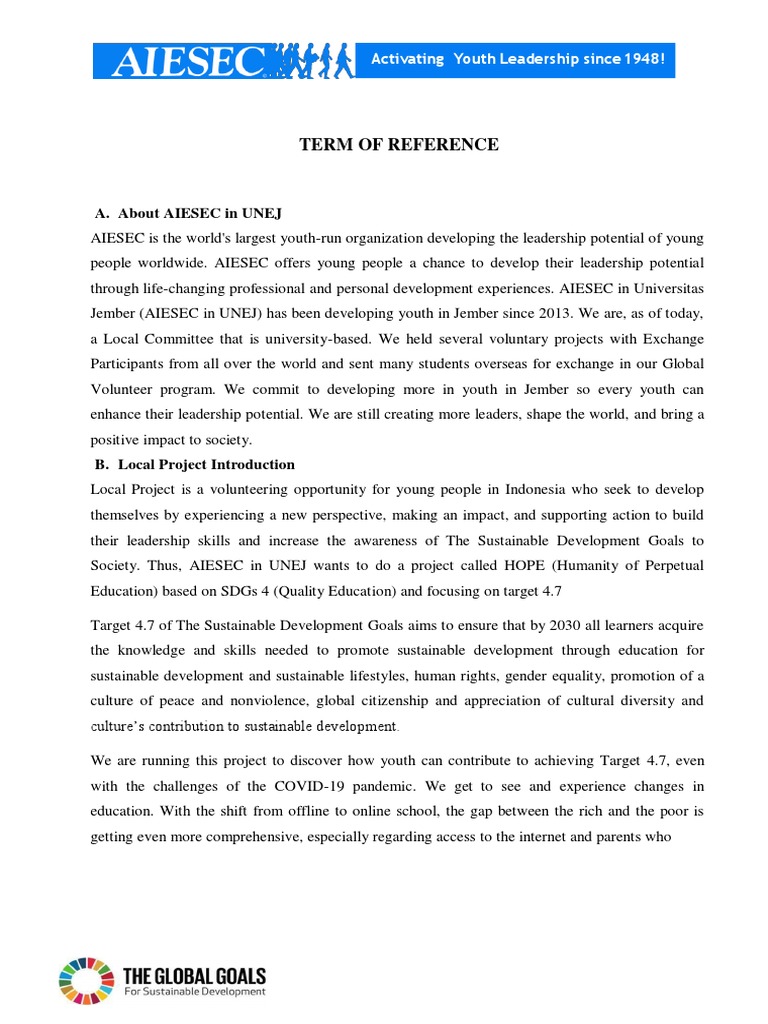 Term of Reference: A. About Aiesec in Unej | PDF | Sustainability | Communication