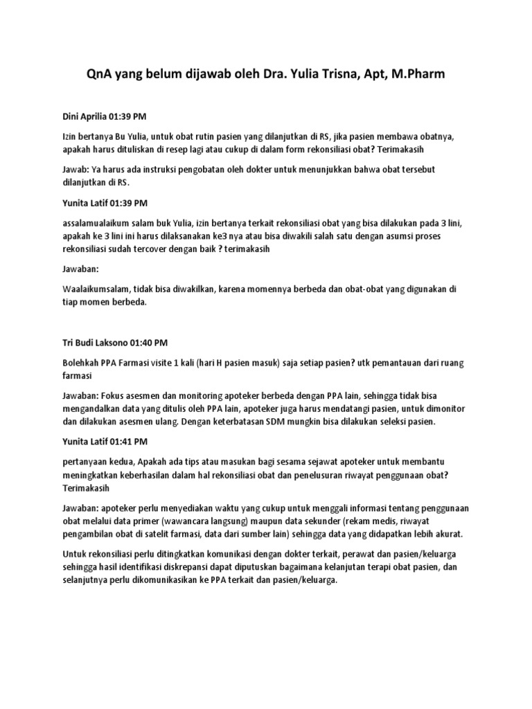 Qna Yang Belum Dijawab Oleh Dra Yulia Trisna - 1426 | PDF