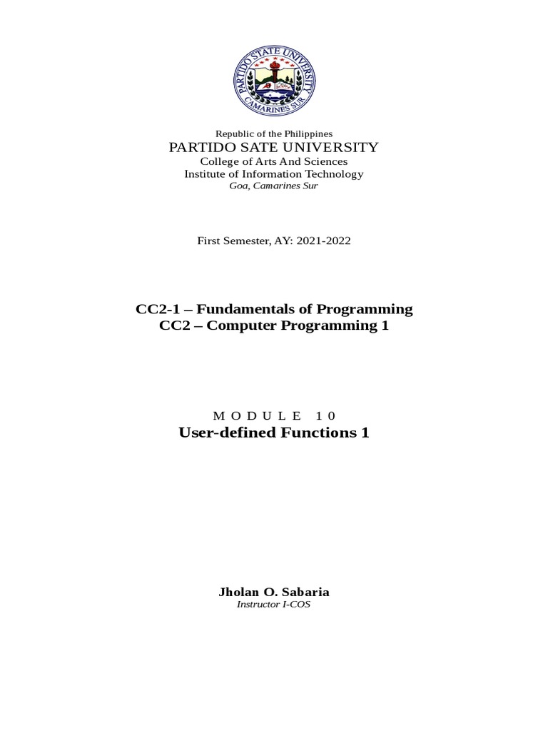 Module 10 User Defined Functions 1 Pdf Parameter Computer Programming Subroutine