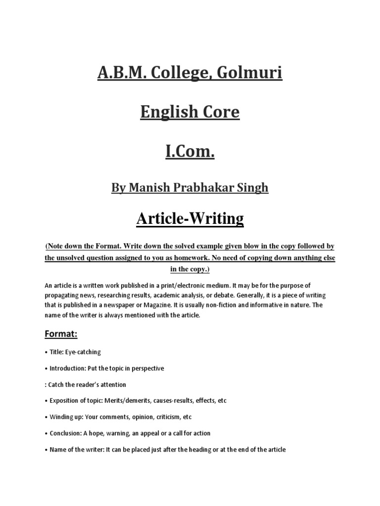 Article Writing Class 12 I.com. a.B.M. College | PDF | Writers