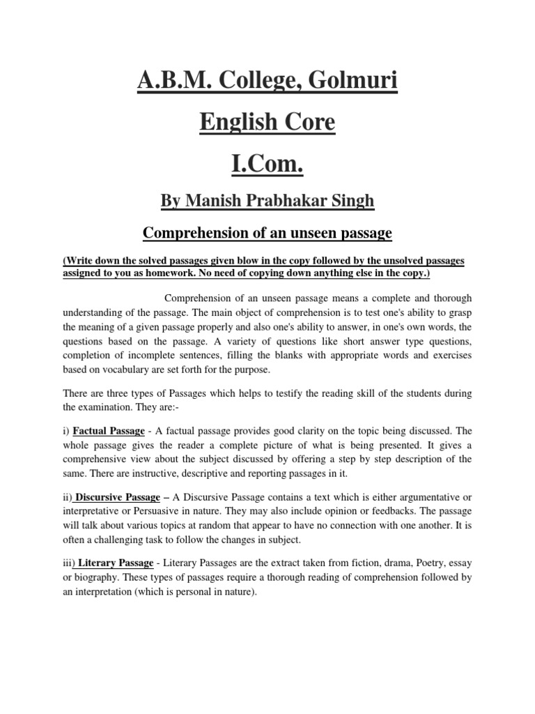 Class 12 Unseen Passage Comprehension | PDF | Reading Comprehension ...