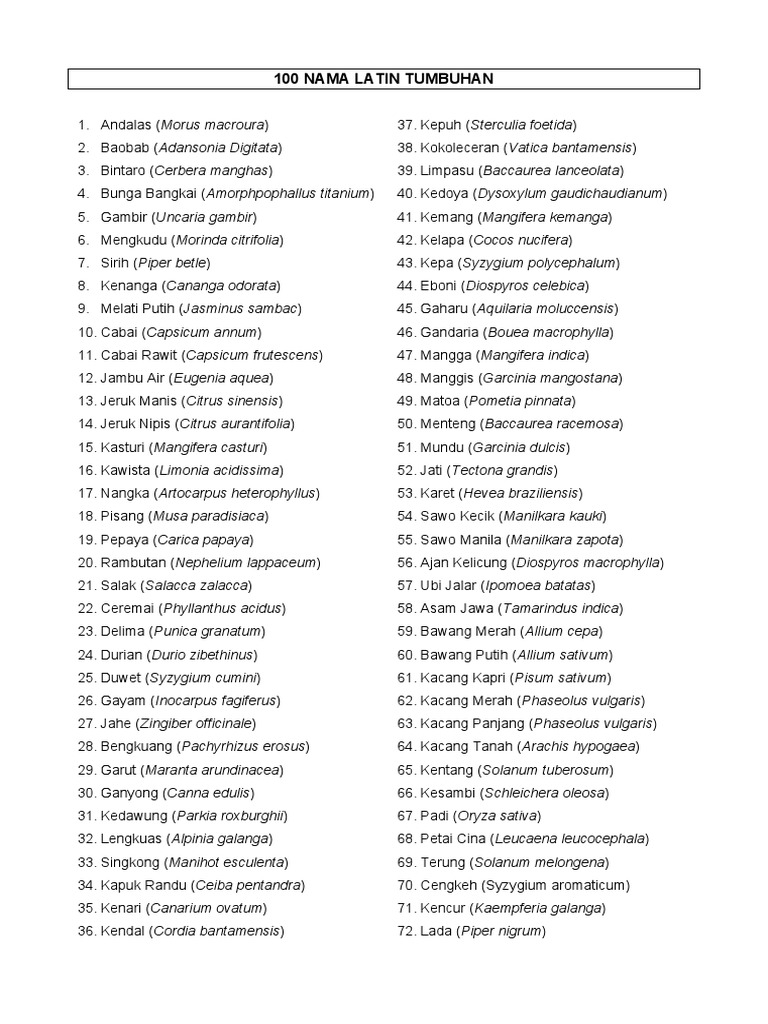 100 Nama Latin Tumbuhan Dan Hewan | PDF
